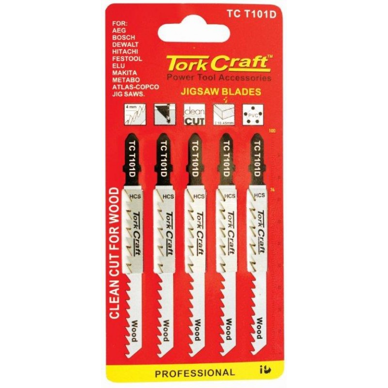 T-SHANK JIGSAW BLADE FOR WOOD 4MM 6TPI 100MM 5PC-TC T101D-5(Tork Craft ...