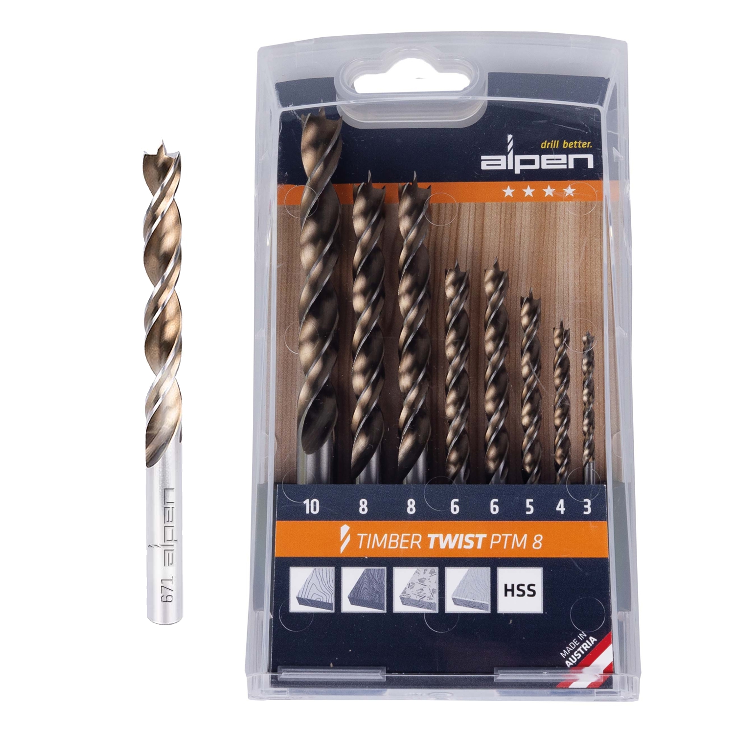 TIMBER TWIST WOOD DRILL BIT SET PTM8-8 3, 4, 5, 10.0MM, X2 6, 8.0MM ...